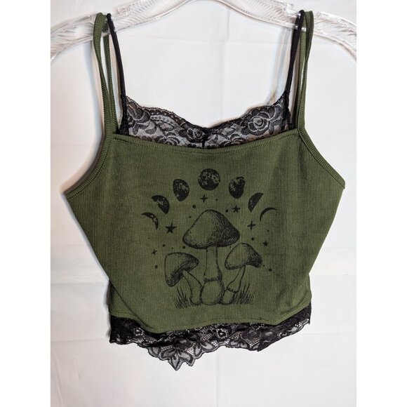 ROMWE Tops Celestial Moon Mushroom Lace Trim Cropped Cami Sz S Y2k ROMWE Tops Celestial Moon Mushroom Lace Trim Cropped Cami Sz S Y2k